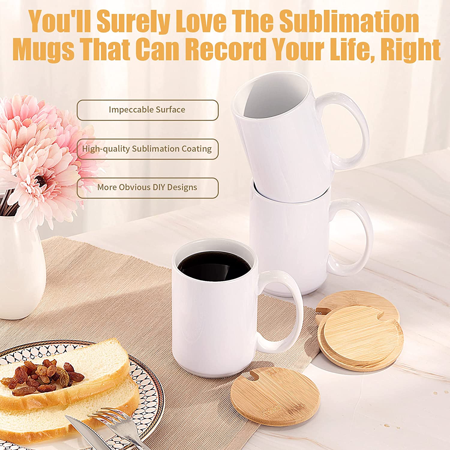 Wholesale 15 oz Sublimation Mugs Blank with Bamboo Lid White Coffee ...